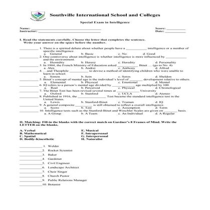 Special Exam: Intelligence | PDF