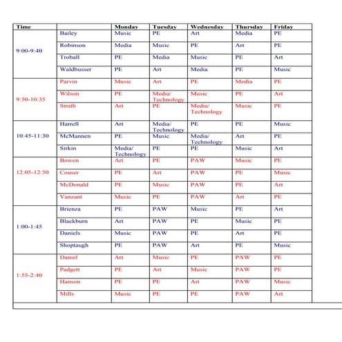 Specials Schedule By Teacher | PDF