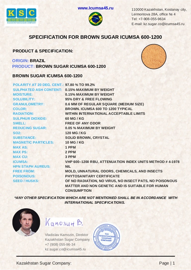 SPECIFICATION FOR BROWN SUGAR ICUMSA 600-1200 BRAZIL