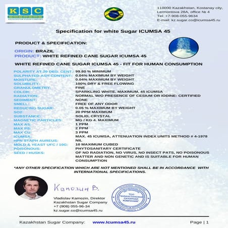 SPECIFICATION FOR WHITE SUGAR ICUMSA 45 BRAZIL | PDF