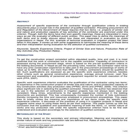 Specific experience criteria in contractor selection | PDF