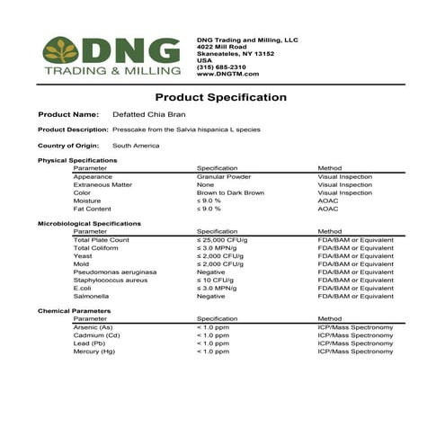 Spec sheet defatted chia bran dng | PPT
