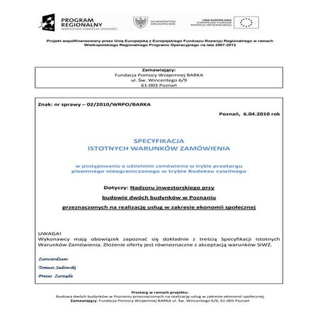 SPECYFIKACJA ISTOTNYCH WARUNKÓW ZAMÓWIENIA | PDF | Business | Business and Finance