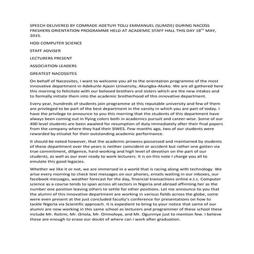 Nacoss Orientation Speech | DOC