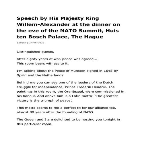 Speech by His Majesty King Willem-Alexander at the dinner on the eve of ...
