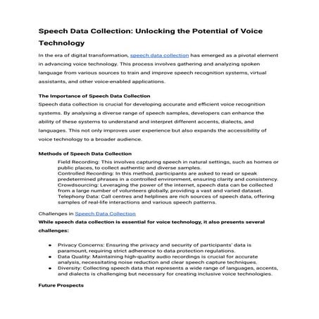 Speech Data Collection: Unlocking the Potential of Voice Technology | PDF
