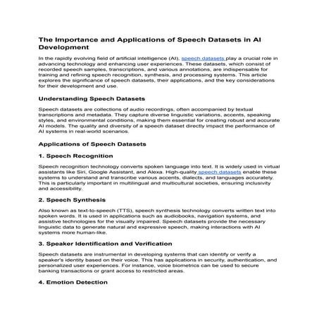 The Importance and Applications of Speech Datasets in AI Development | PDF