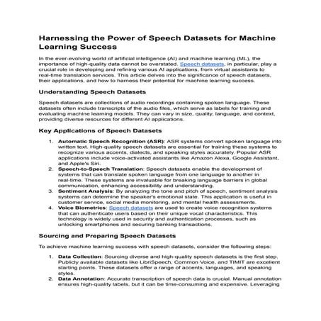 Harnessing the Power of Speech Datasets for Machine Learning Success | PDF