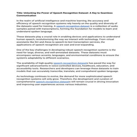 Unlocking the Power of Speech Recognition Dataset: A Key to Seamless ...