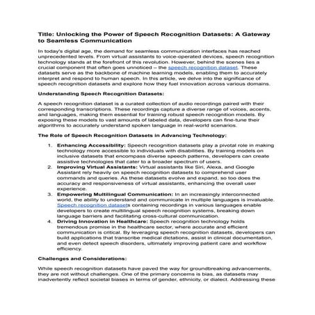 Unlocking the Power of Speech Recognition Datasets: A Gateway to ...