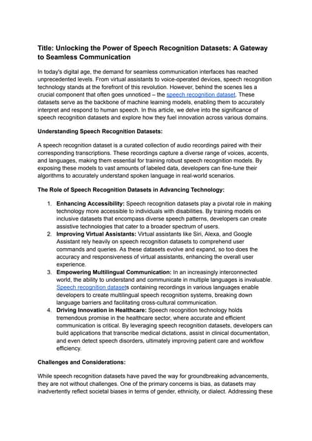 Speech Data Collection: Unlocking the Potential of Voice Technology | PDF