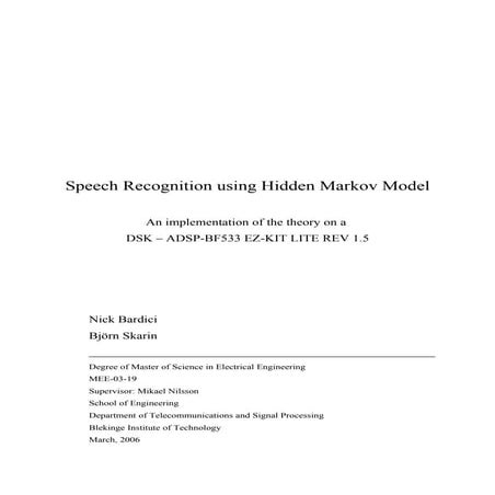 Speech recognition using hidden markov model mee 03_19 | DOC | Digital ...
