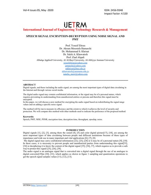 Speech Signal Encryption Decryption Using Noise Signal And Pdf