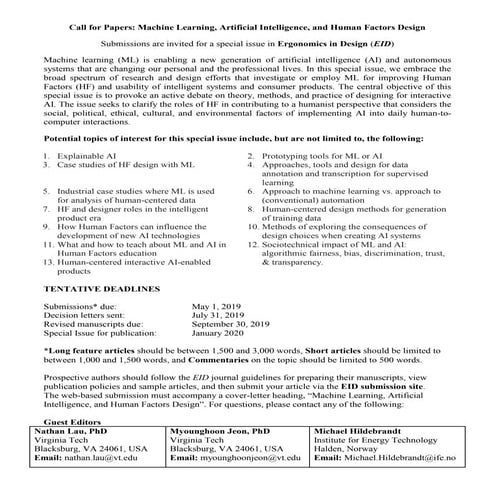 Special Issue: Call for papers - Machine Learning, Artificial Intelligence, and Human Factors ...