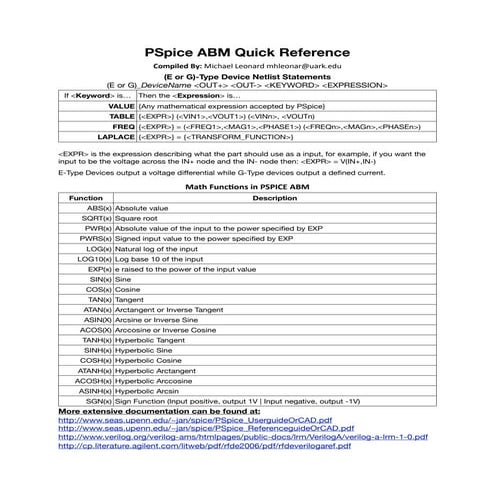 PSpice ABM Quick Reference | PDF | Physics | Science