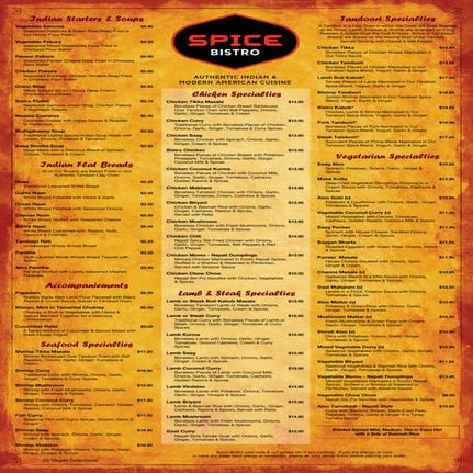 Spice bistro pg1 | PDF | Cooking | Food & Drink