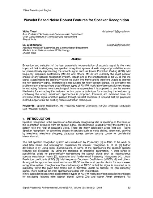Wavelet Based Noise Robust Features For Speaker Recognition Pdf