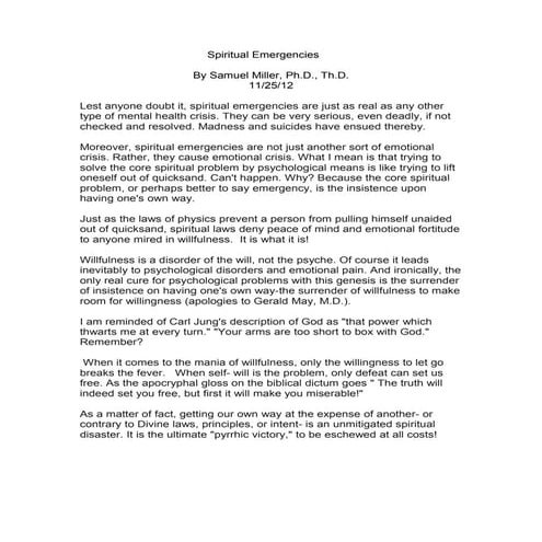 Spiritual Emergencies By Sam Miller, Ph.D., Th.D. | PDF