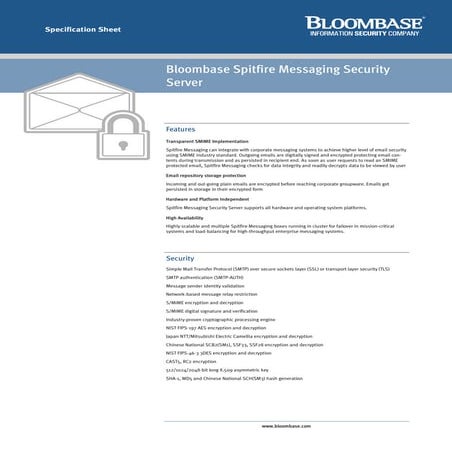 Bloombase Spitfire Messaging Security Server Specifications | PDF
