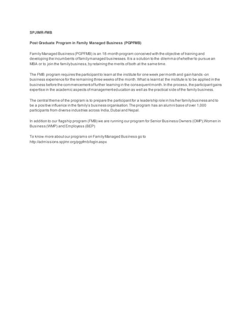 Goals of fmb program at SPJIMR (Mumbai) | DOCX