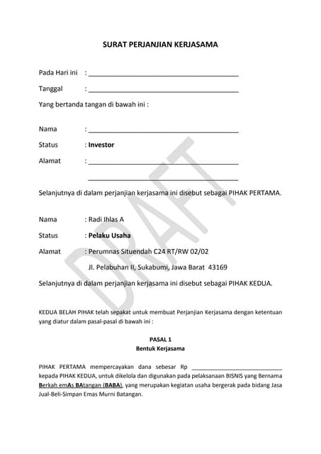 Surat pernyataan setor modal para pendiri Perseroan Terbatas | DOCX