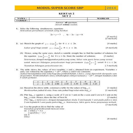 Spm 2014 add math modul sbp super score [lemah] k2 set 2 dan skema | DOCX