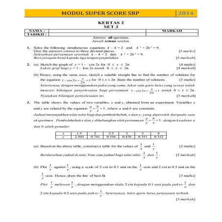 Spm 2014 add math modul sbp super score [lemah] k2 set 3 dan skema | DOCX