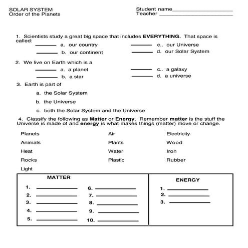 Order of the planets (worksheet) | PDF