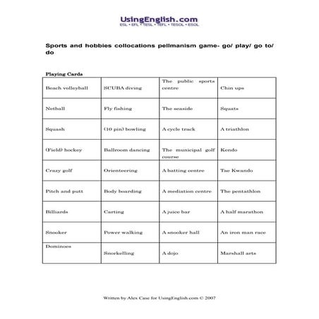 Sports and-hobbies-collocations-pellmanism-game | PDF