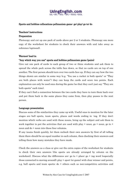 Sports and-hobbies-collocations-pellmanism-game | PDF