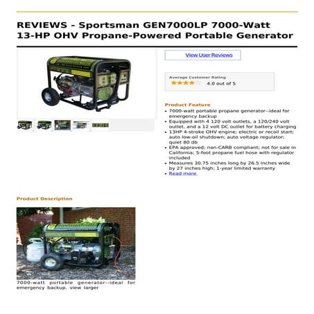 Sportsman gen7000 lp 7000 watt 13-hp ohv propane-powered portable ...