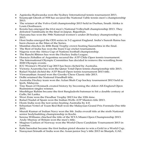 Current Affairs SPORTS 2013 - Complete Sports updates | PDF