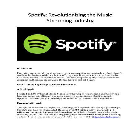 Spotify: Revolutionizing the Music Streaming Industry | PDF