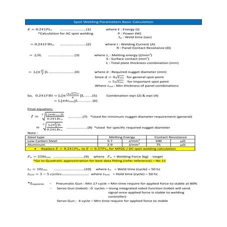 Spot welding basic parameters setting - basic calculations / equations ...