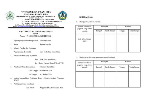 Surat Perjalanan Dinas Kabupaten untuk operastor sekolah | DOCX