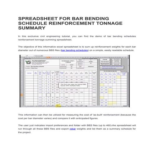 SPREADSHEET FOR BAR BENDING SCHEDULE REINFORCEMENT TONNAGE SUMMARY | PDF
