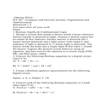 [Spring 2016]IFT 201 - Computer and Network Systems Organiz.docx