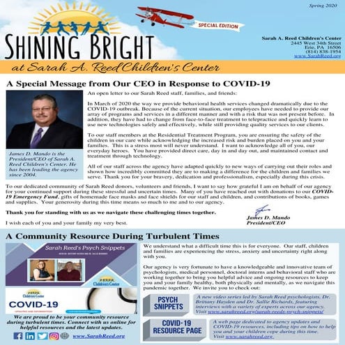 Spring 2020 Shining Bright Newsletter Sarah A Reed Children's Center ...
