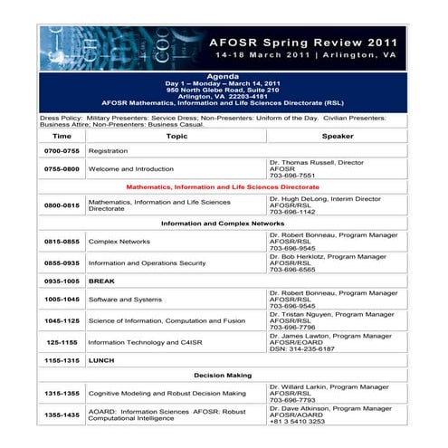 AFOSR Spring Review 2011 Agenda | PDF