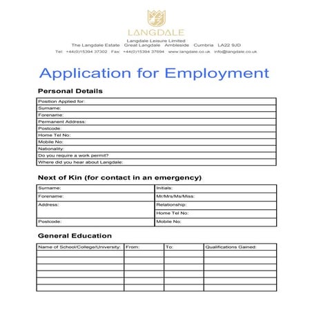 Langdale Leisure Ltd Application form | PDF