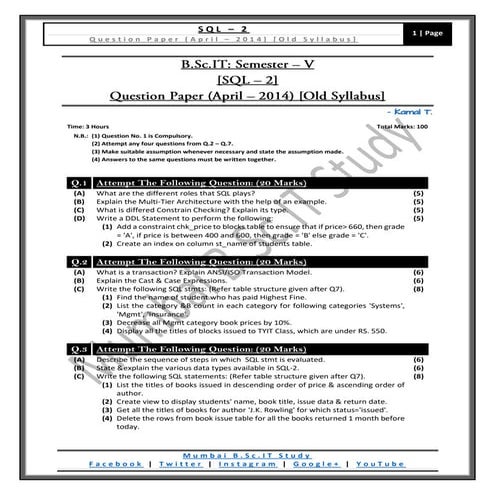 [Question Paper] SQL – 2 (Old Syllabus) [April / 2014] | PDF