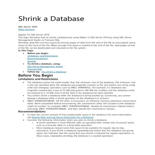 Sql Data Shrink Steps Docx Databases Computer Software And