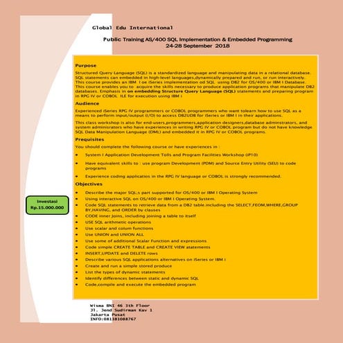 Ikuti Public Training AS/400 SQL Implementation & Embedded Programming (24-28 September 2018 ...