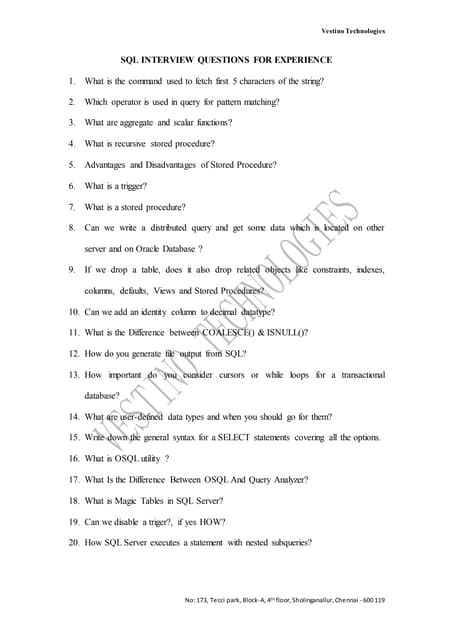 Sql Interview Questions For Experience Pdf
