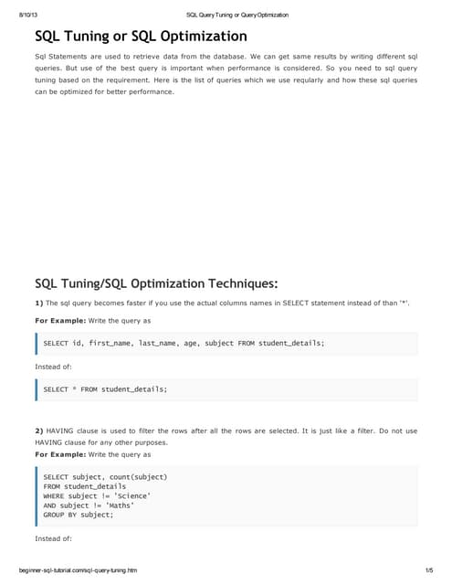 Sql Query Tuning Or Query Optimization Pdf
