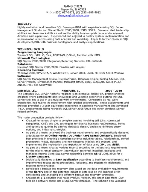 Sql Ssis Ssrs Developer Resume