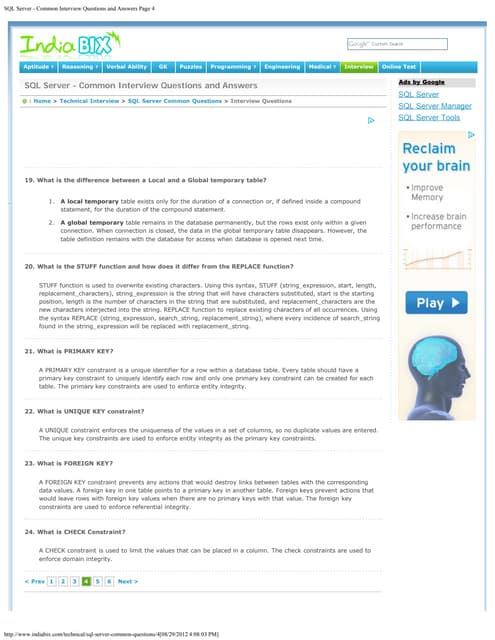 Sql Server Common Interview Questions And Answers Pdf