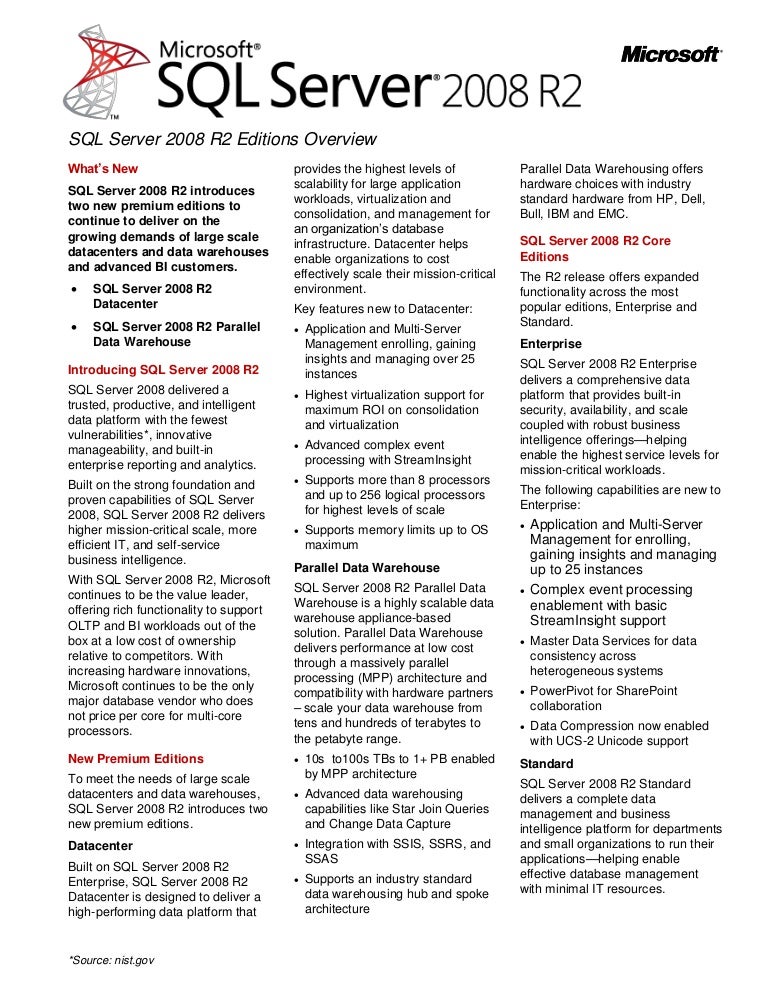 Microsoft SQL Server - SQL Server 2008 R2 Editions Datasheet