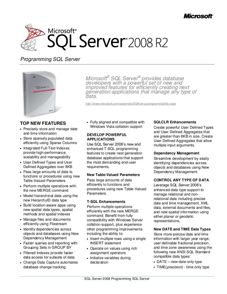 Sql server 2008 r2 programmability datasheet