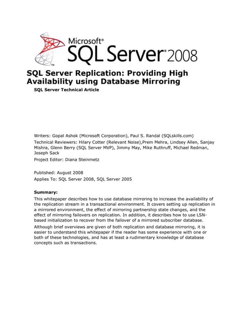 Sql Server 2008 Replication And Database Mirroring White Paper Pdf